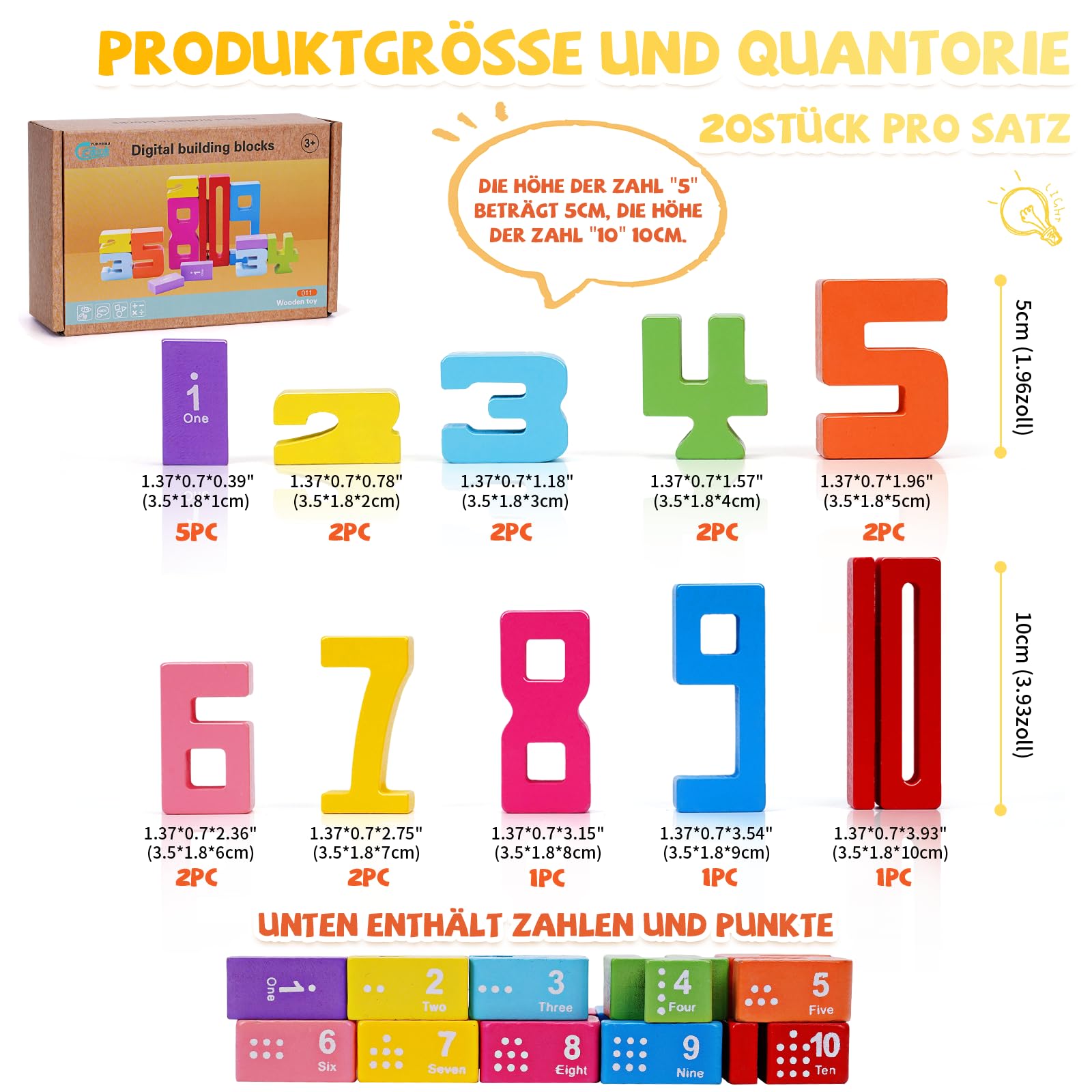 PKKP 20 Stück Number Blocks, Holz Zahlenblocks Spielzeug mit 15 Zahlen ...
