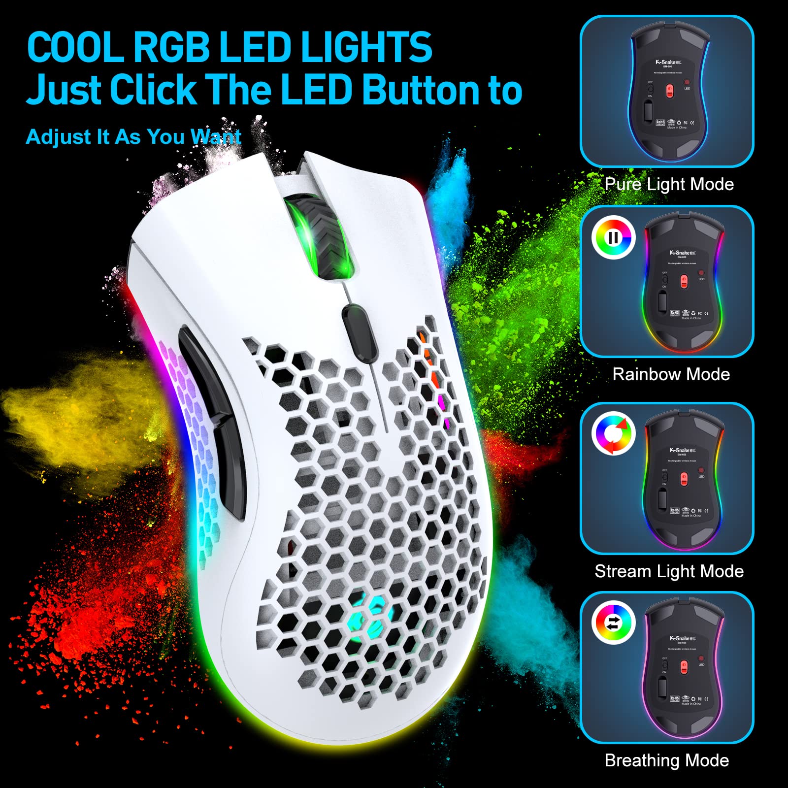 JYCSTE Bluetooth Gaming Maus, Light Honeycomb Maus mit RGB Hintergrund ...