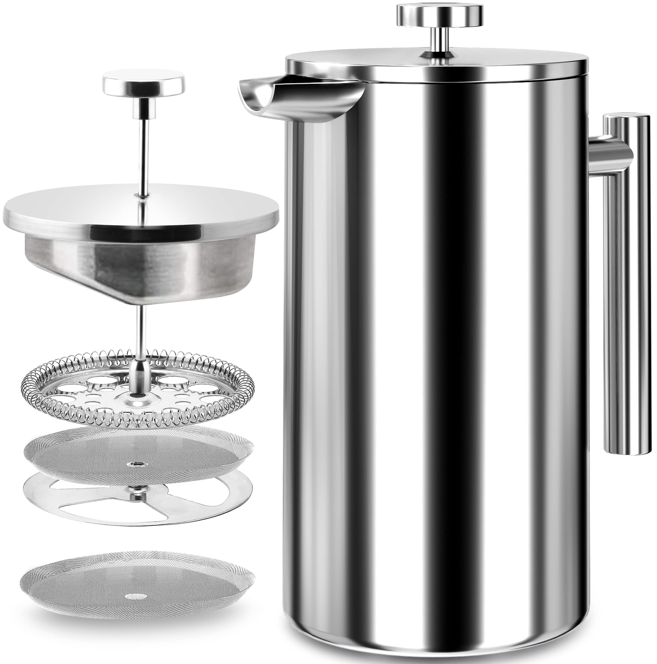 KICHLY Cafetiere 8 Tassen Edelstahl French Press Kaffeebereiter, Kaffe ...