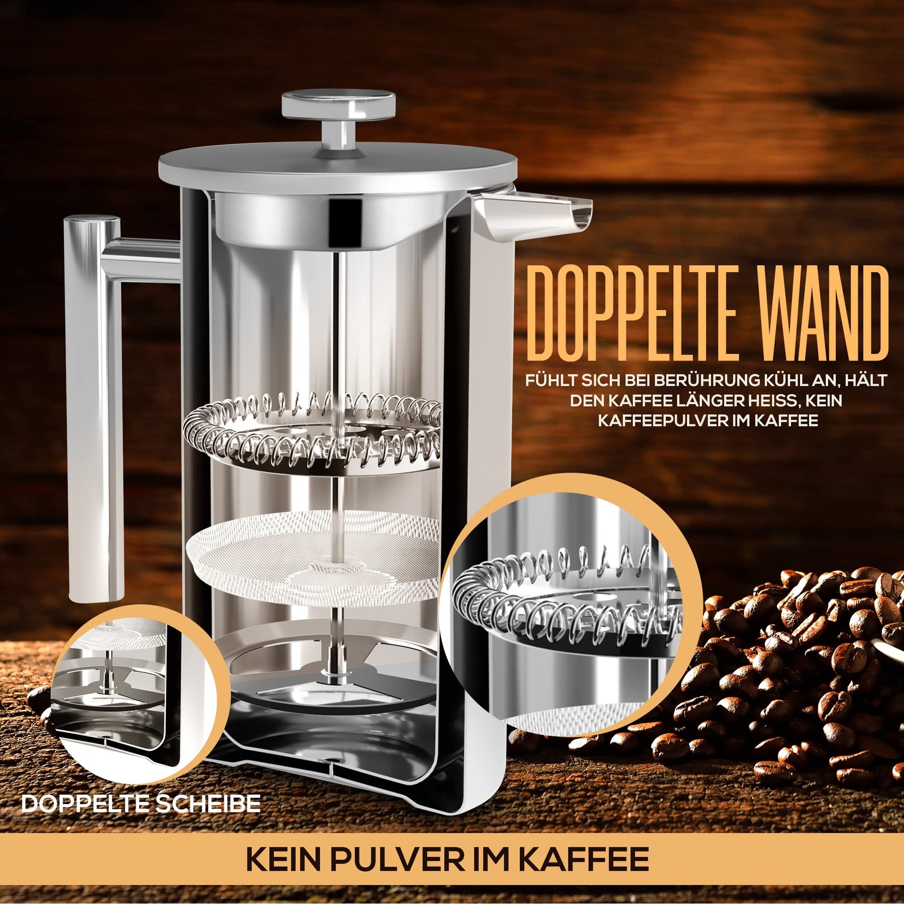 KICHLY Cafetiere 8 Tassen Edelstahl French Press Kaffeebereiter, Kaffe ...