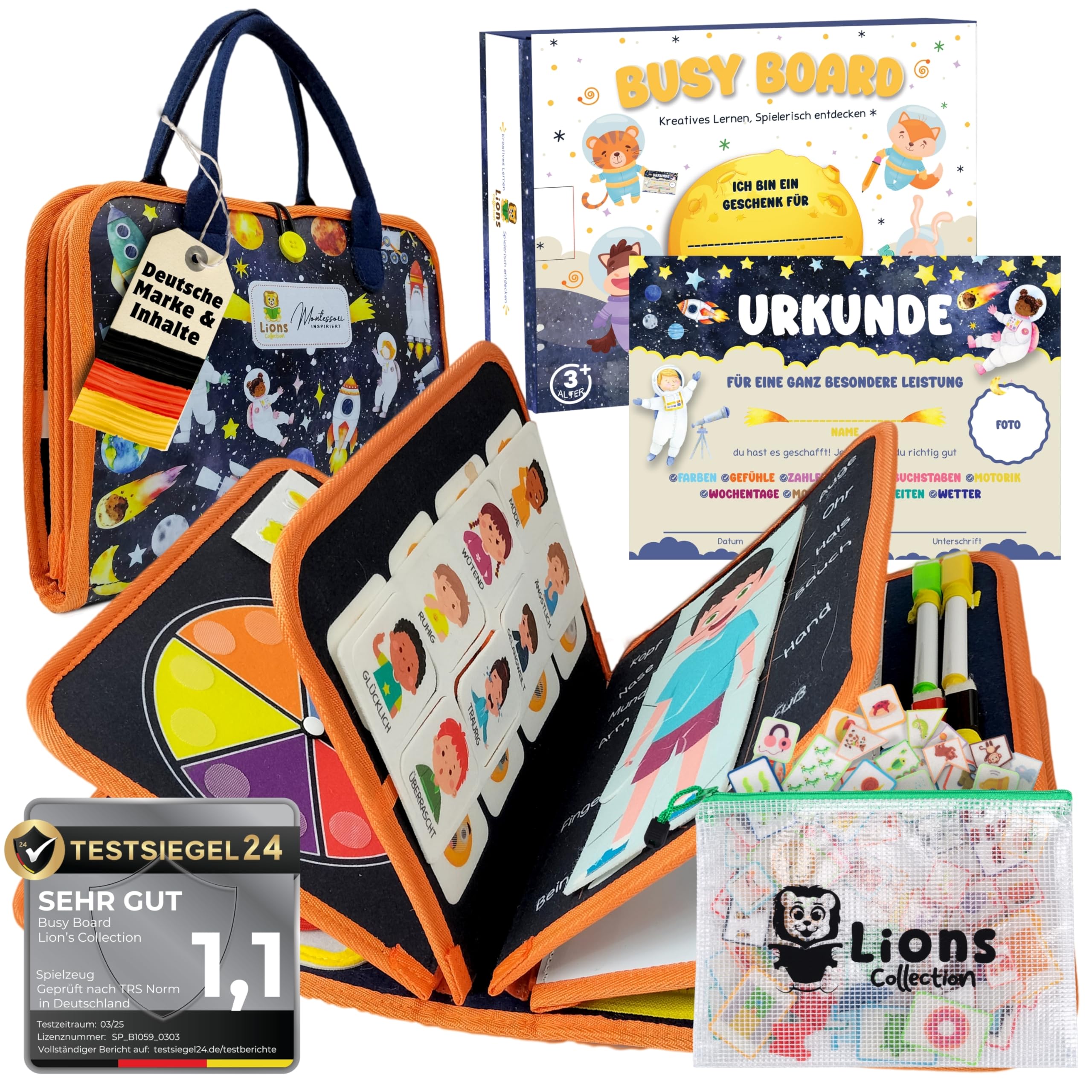 Lion’s Collection® Busy Board Deutsch mit Reisetasche & Montessori Buc ...